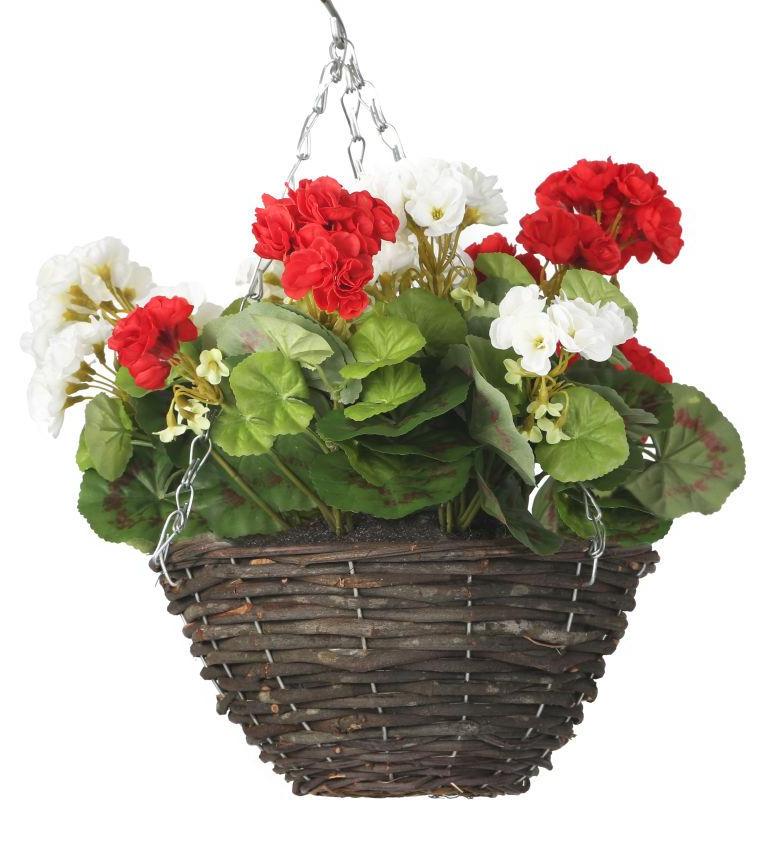 Artificial Red and White Geranium Display in a 10" Round Willow Hanging ...