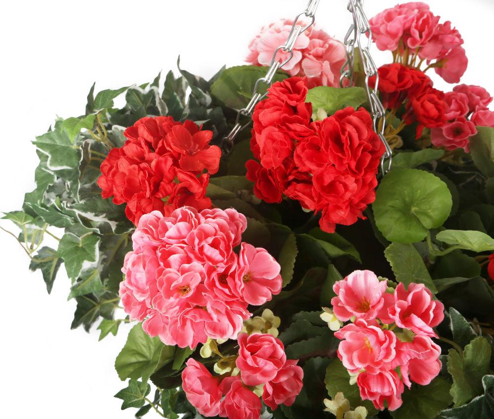 Artificial Pink and Red Geranium Display in a 10" Round Willow Hanging ...