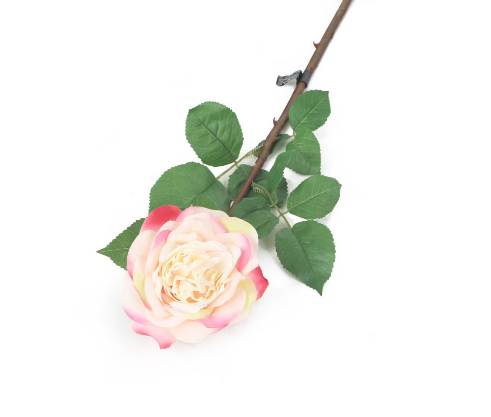 Artificial 92cm Single Stem Fully Open Cream and Pink Rose | Closer2Nature