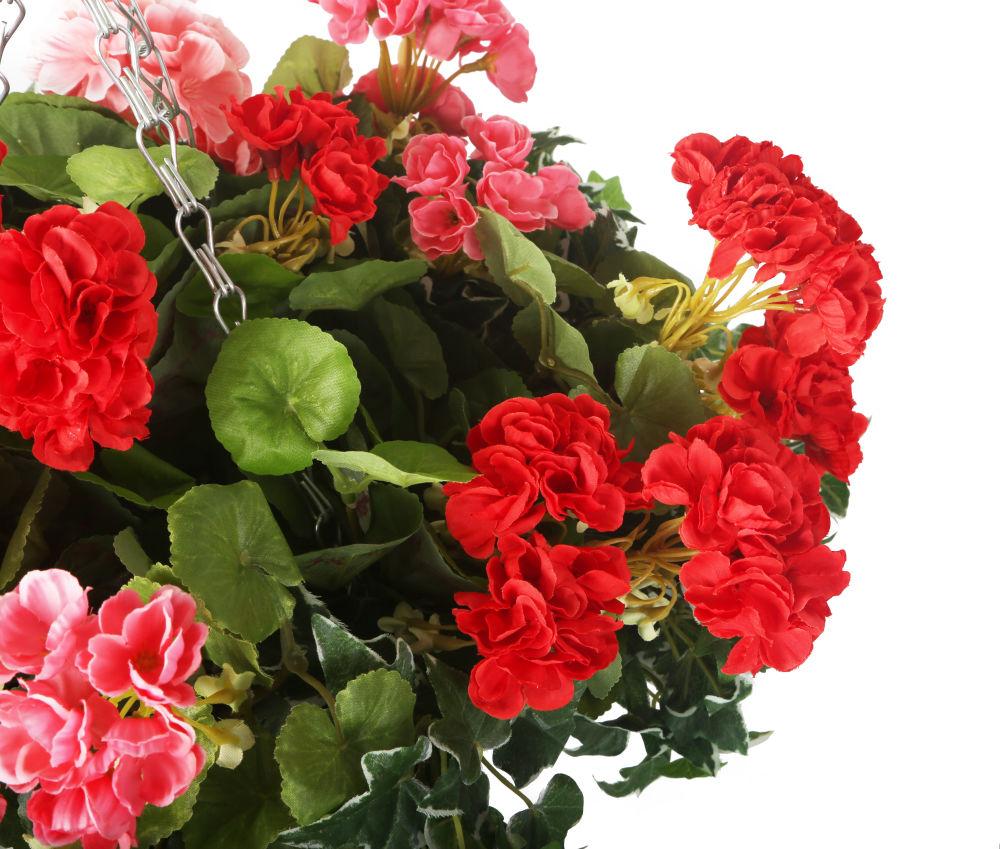 Artificial Pink and Red Geranium Display in a 10" Round Willow Hanging ...